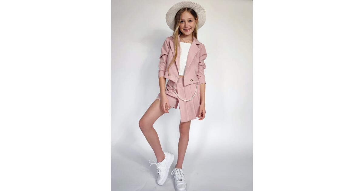 Crop sako + sukňokraťasy pudder pink - Skladem | ByMini.cz